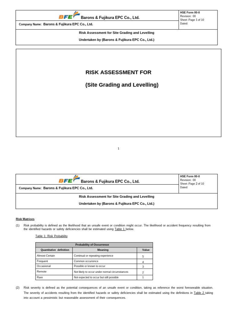 Risk Assessment For Site Grading and Levelling | PDF