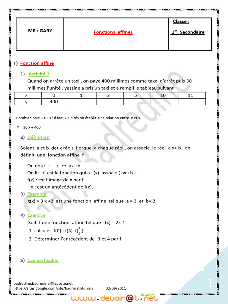 Cours - Math Fonctions Affines - 1ère as (2010-2011) Mr Gary | PDF