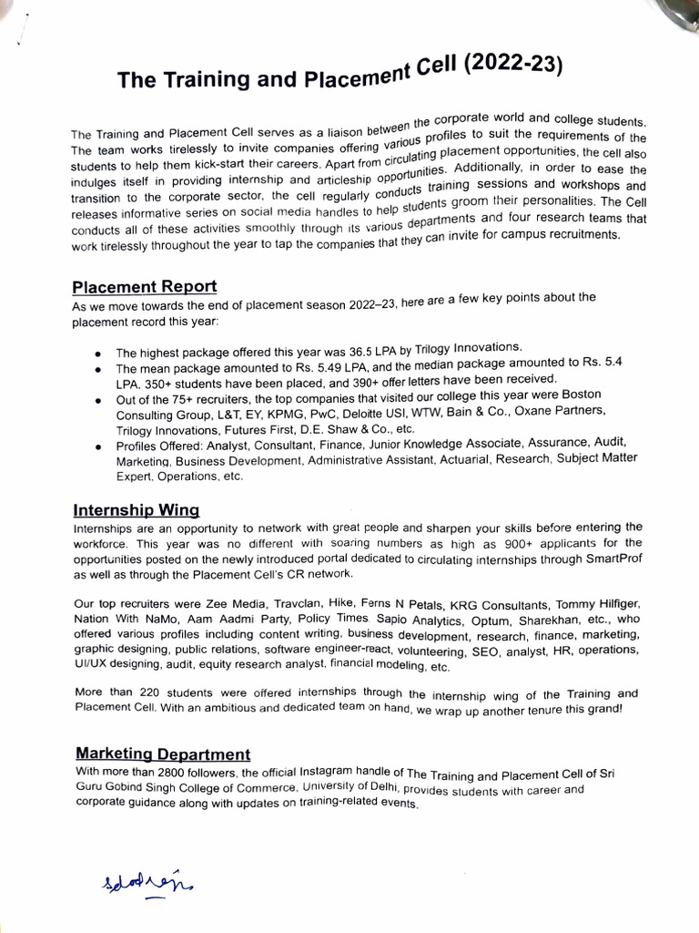 Training and Placement Cell 2022-2023 | PDF