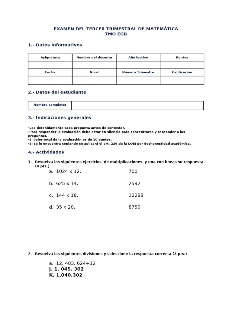 EXAMEN DE Matemática 7mo | PDF | Métodos e Materiais de Ensino