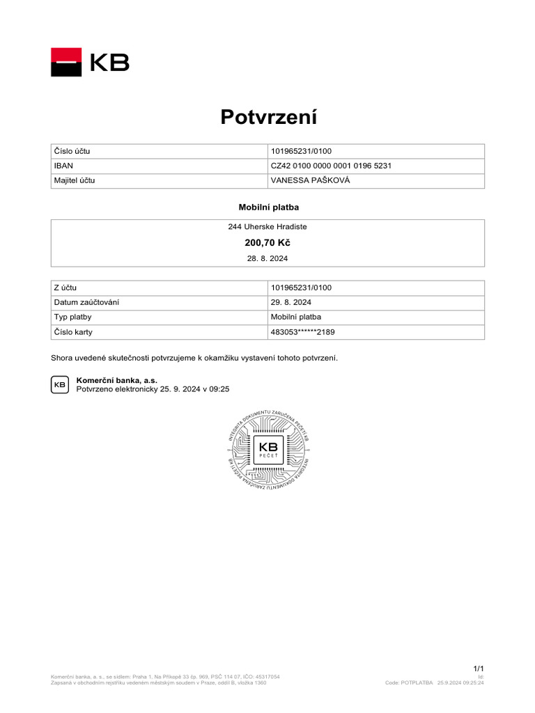 Potvrzení: Mobilní Platba | PDF