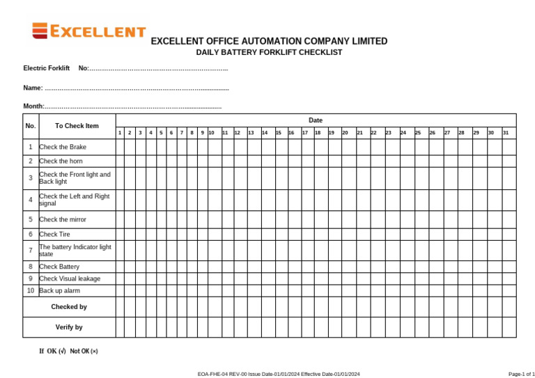 EOA-FHE-04 REV-00 Daily Battery forklift Checklist | PDF