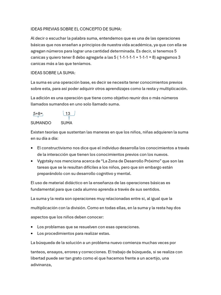 Ideas Previas Sobre El Concepto de Suma | PDF