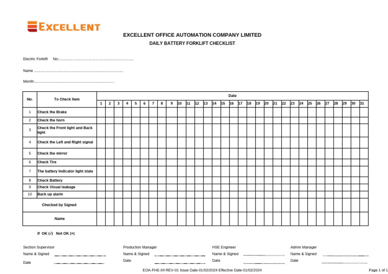 EOA-FHE-04 REV-01 Daily Battery Forklift Checklist | PDF