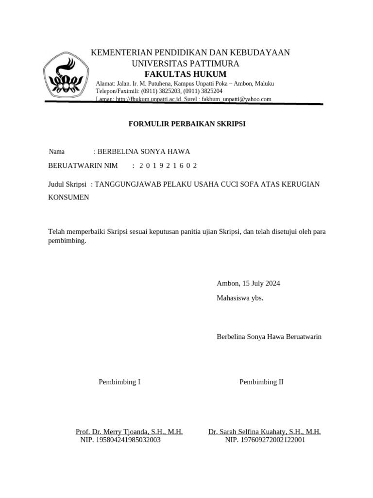 Formulir Perbaikan Skripsi SONYA | PDF
