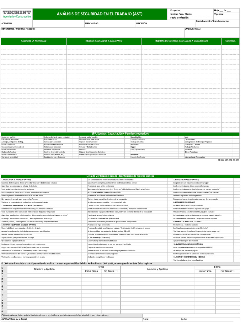 FR-GU-SAF-002-01_ES_R03 - FORMULARIO DE ANÁLISIS DE SEGURIDAD EN EL TRABAJO (AST) GENERAL | PDF