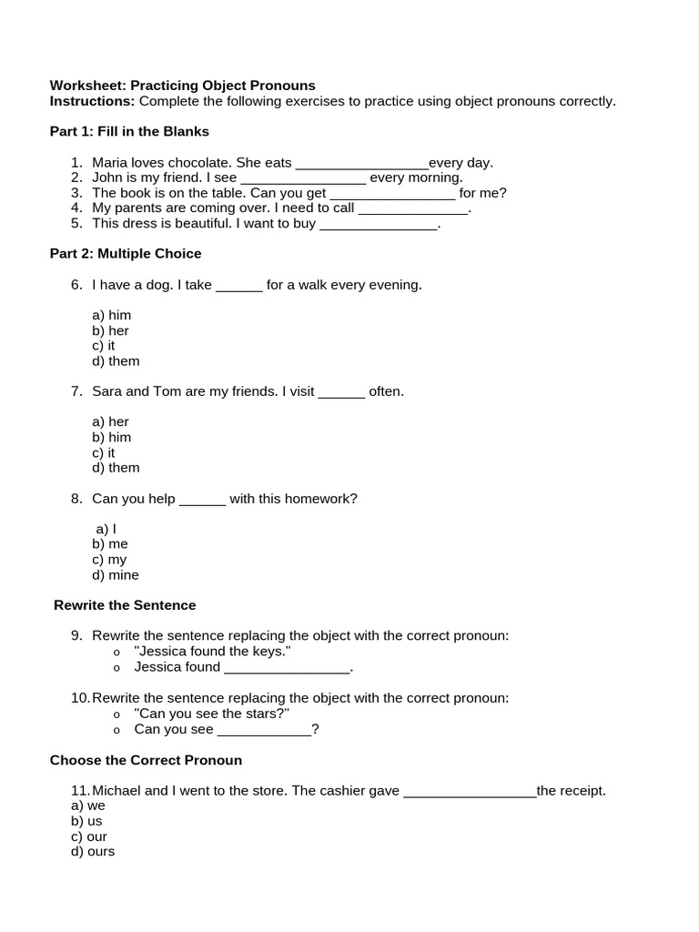 Worksheet Object Pronoun | PDF | Wellness