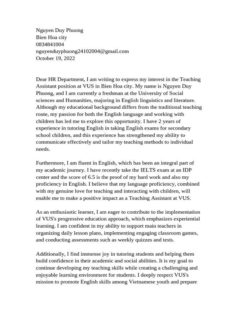 Cover Letter TA VUS - 2022 | PDF
