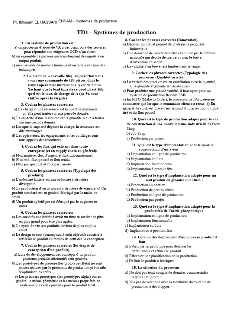 TD1-Systèmes de production-2023-2024 | PDF