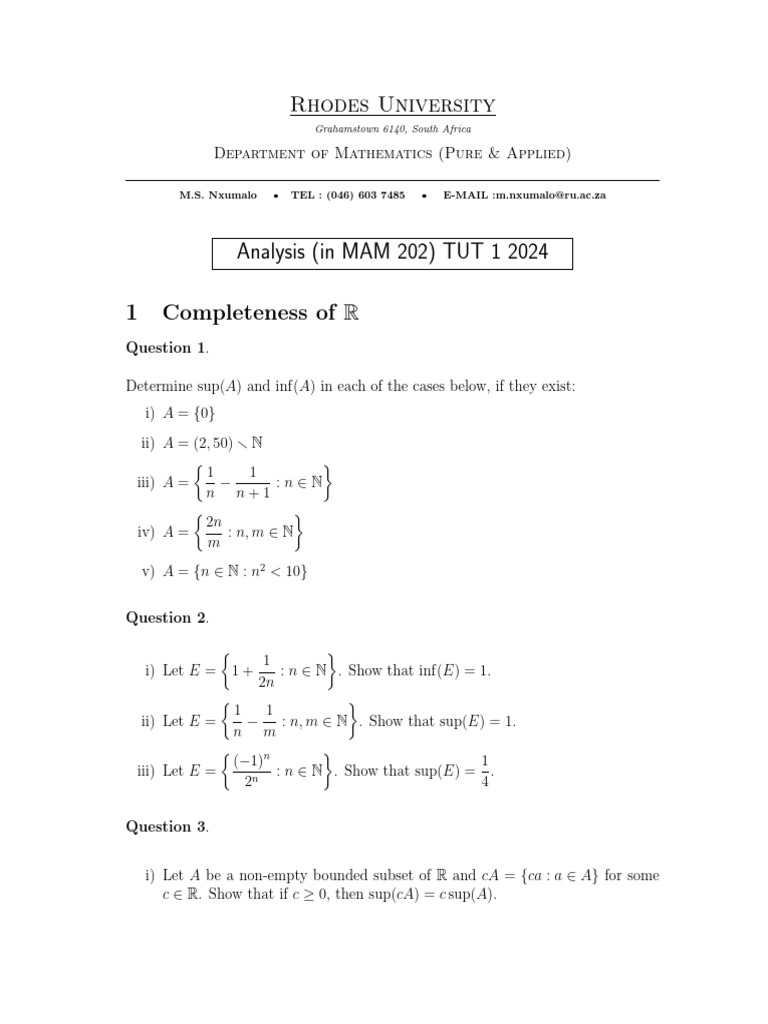 MAM202 ANALYSIS TUT 1 QUESTIONS 2024 | PDF