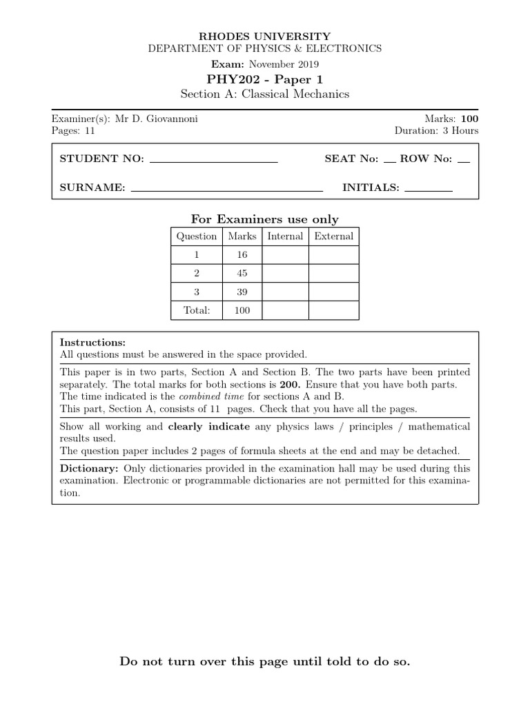202_ClassicalMech_2019_QUES | PDF