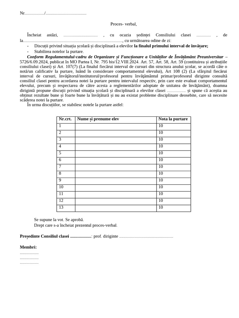 Proces Verbal Note La Purtare | PDF