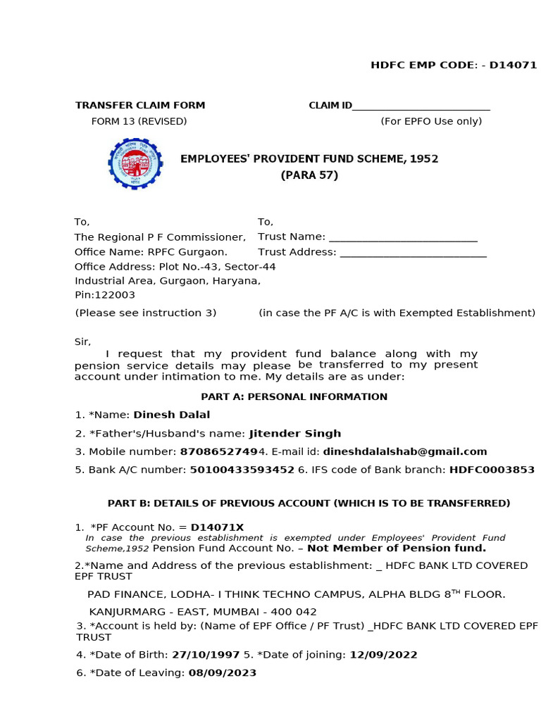 Form - 13 PF Transfer Form DD | PDF