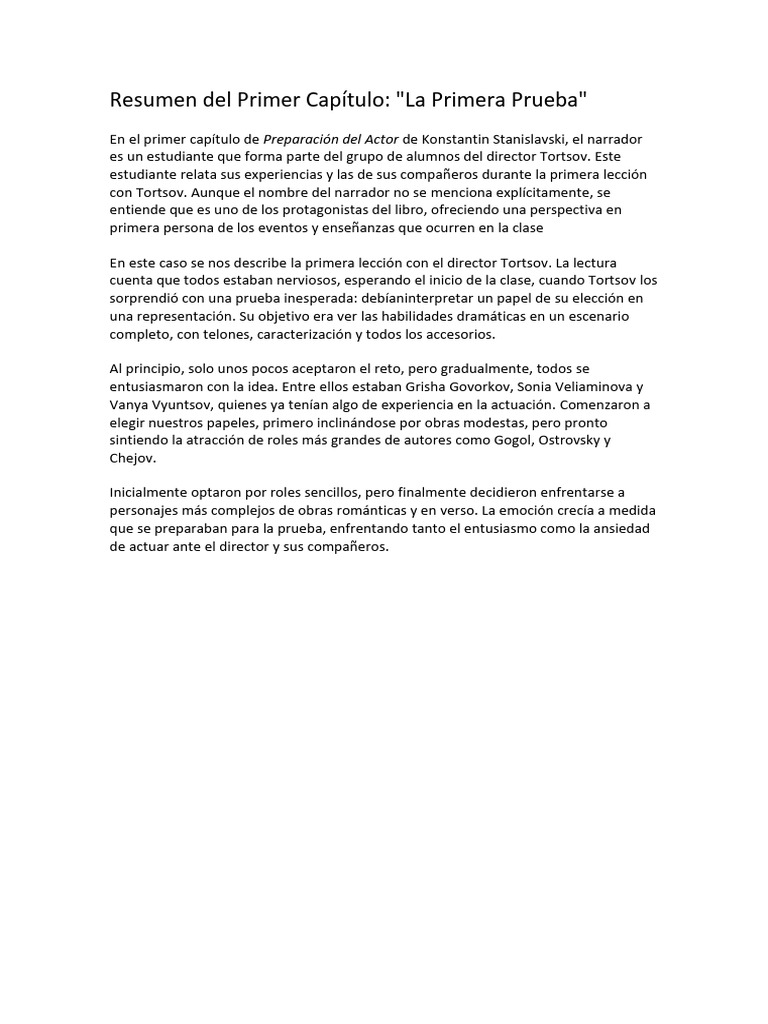 Resumen del Primer Capítulo - preparacion del actor | PDF