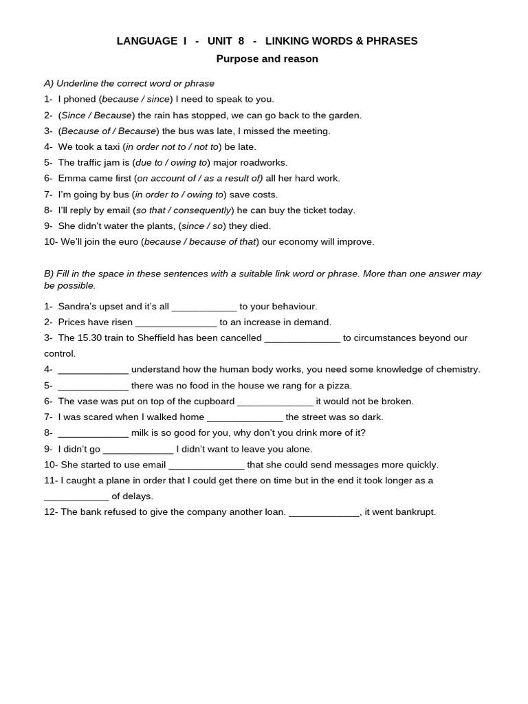 Linking Words & Phrases. Purpose and Reason | PDF