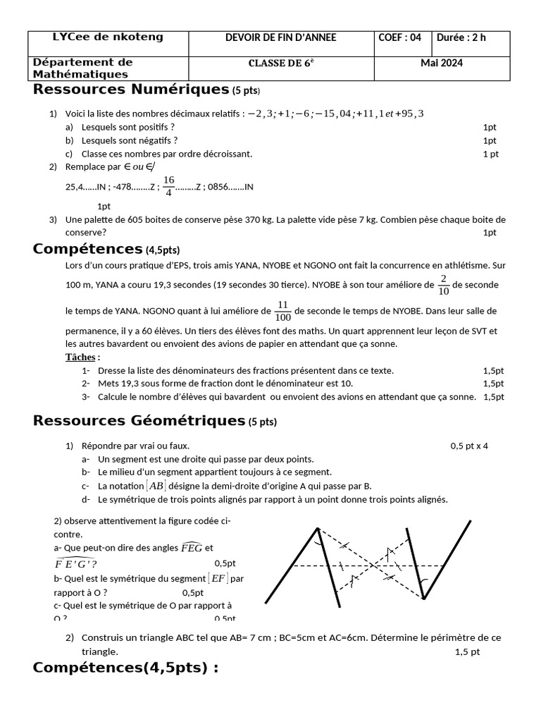 Devoir de Fin D'année 6 Eme 2024 | PDF