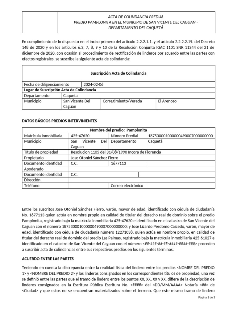 Acta de Colindancia Predial Pamplonita | PDF