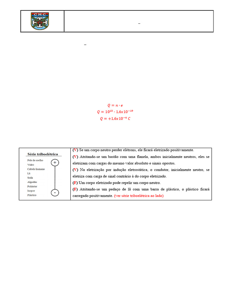 Lista 01 1trim (Quant Proc Eletriz) COMENTADA | PDF | Carga elétrica | Eletricidade