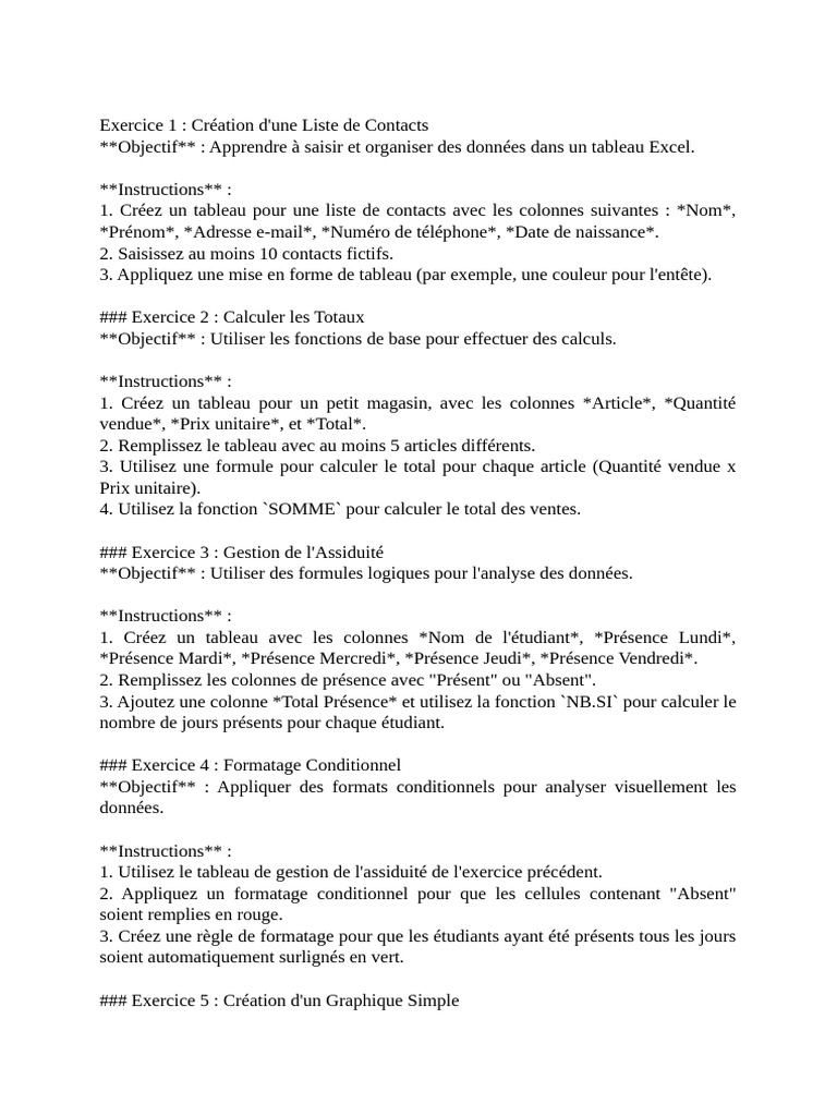 Excel - Exercices Niveau 1 | PDF