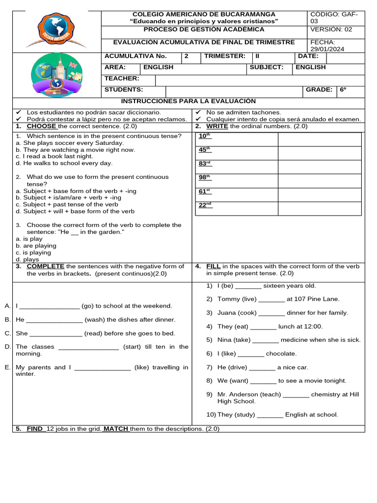 FINAL TEST ENGLISH 6º- SECOND TERM | PDF