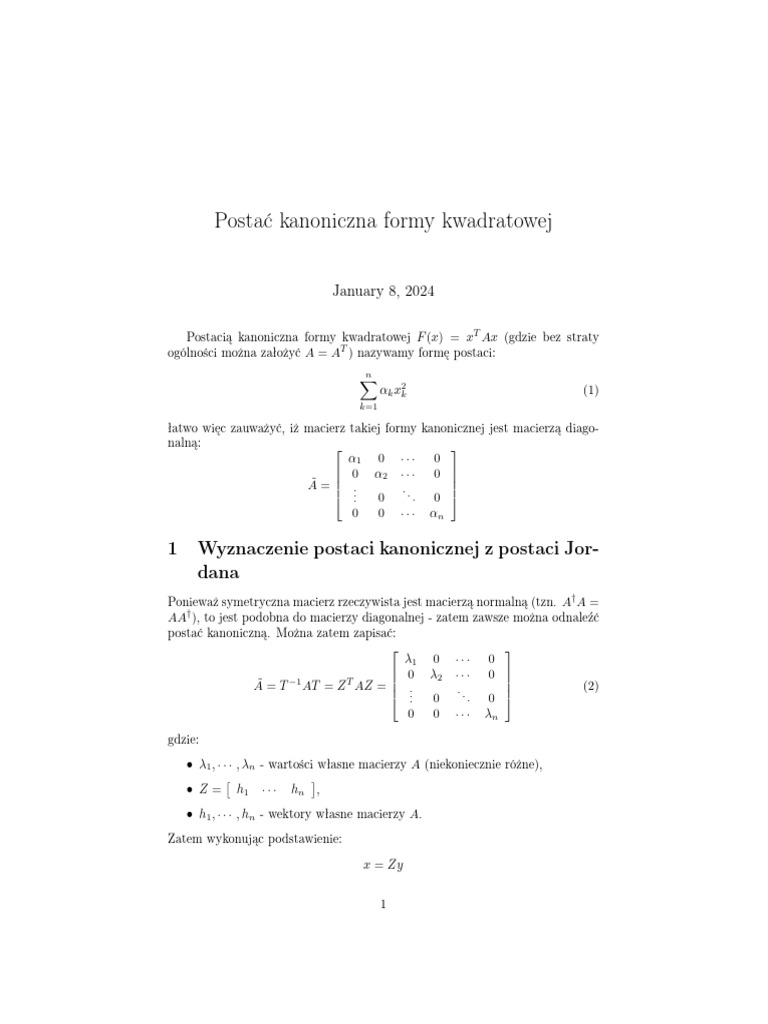Postac Kanoniczna Formy Kwadratowej | PDF