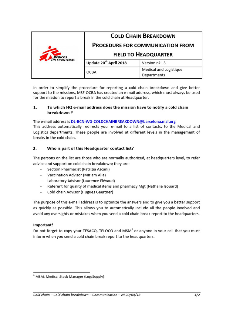 Cold Chain Breakdown Communication Procedure | PDF