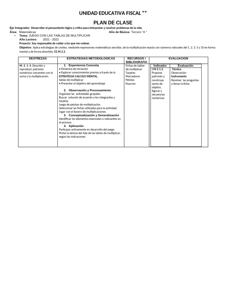PLAN DE CLASE matem tablas de multiplicar | PDF