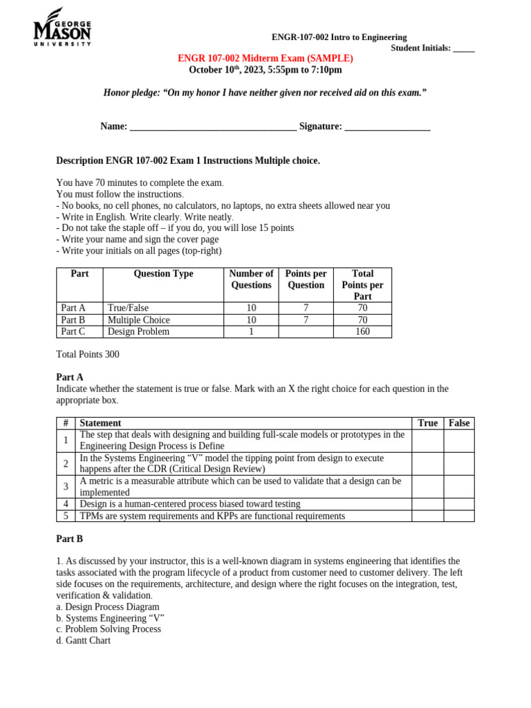 ENGR 107 002 Exam 1 - Fa24 - Sample | PDF