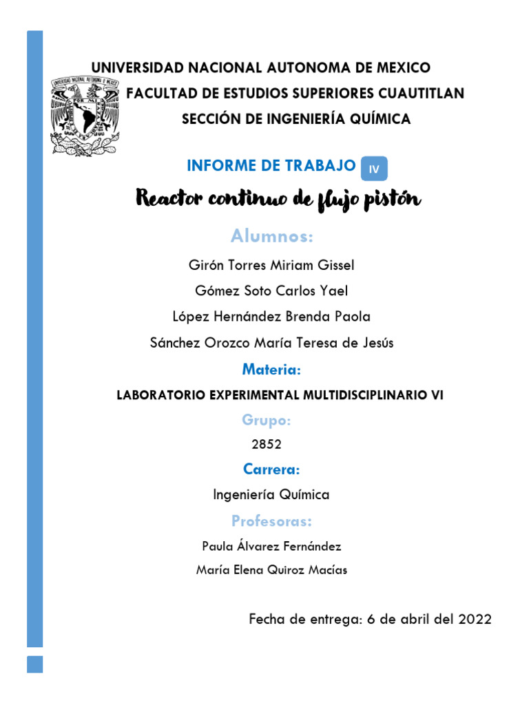 Reporte IV. Reactor de Flujo Pistón | PDF | Reactor Quimico ...
