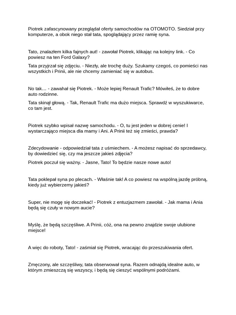 Opowiadanie Z Dialogiem Klasa 5 - Piotrek I Otomoto | PDF