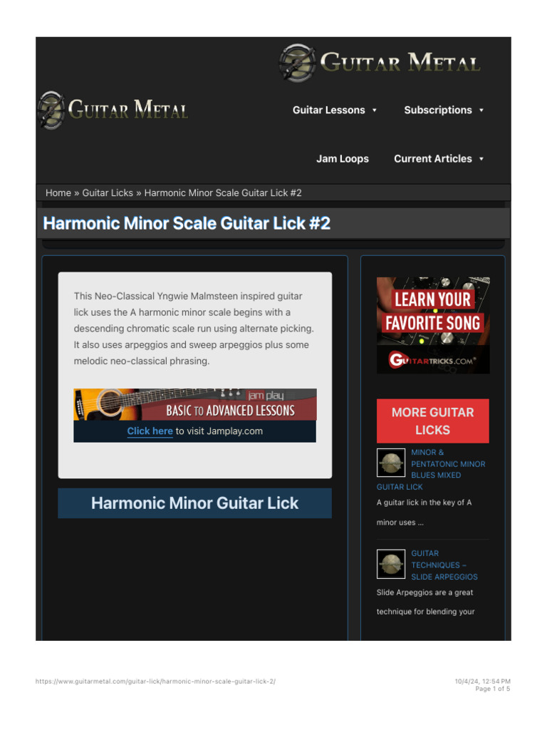 Harmonic Minor Scale Guitar Lick #2 - Guitar Metal | PDF