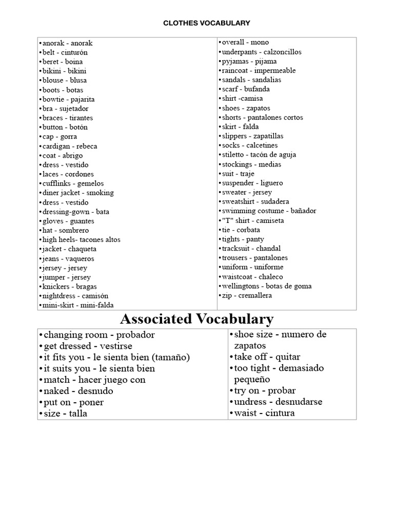 Clothes Vocabulary PDF | PDF