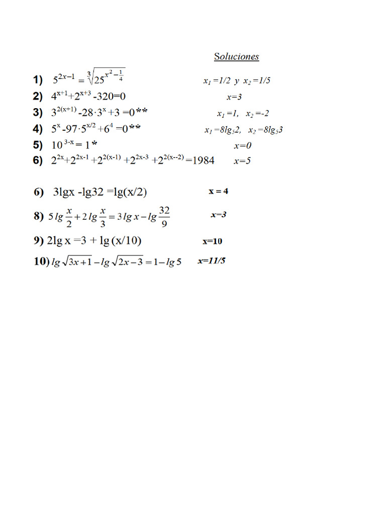 Ecuaciones Exponenciales y Logarítmicas Ejercicios Con Soluciones | PDF