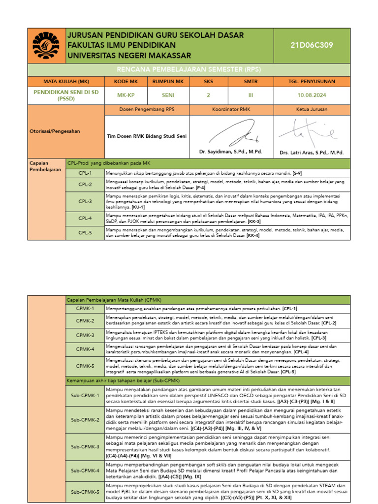 (Rekonstruksi) RPS MK-KP 21D06C309 Pendidikan Seni Di Sekolah Dasar ...