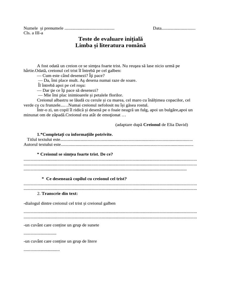 Teste de Evaluare Initiala - LLR | PDF