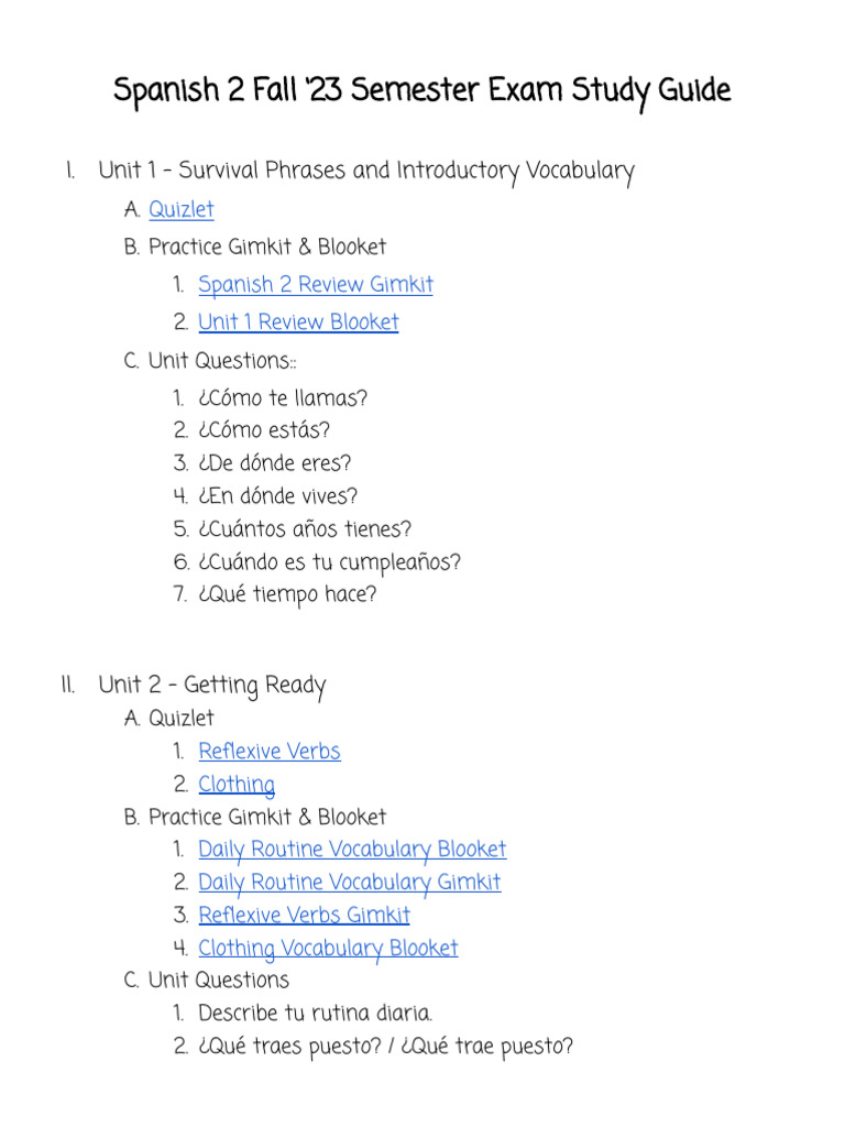 Spanish 2 Fall '23 Semester Exam Study Guide | PDF