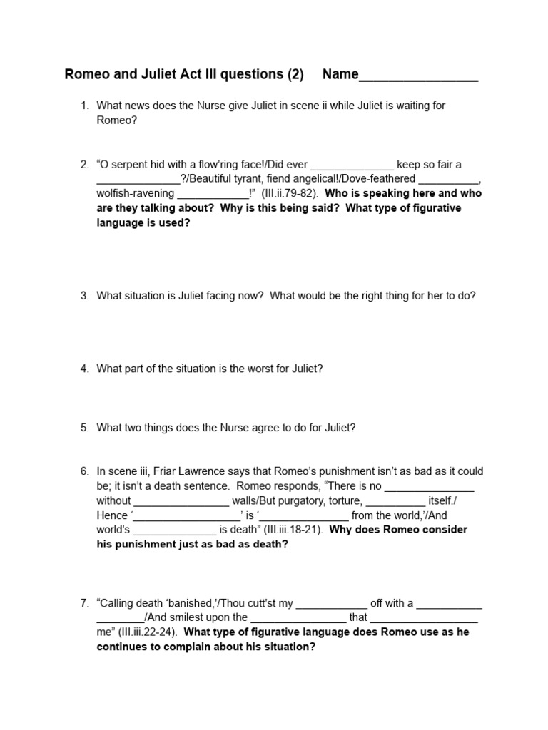 Romeo and Juliet Act III Questions (2) | PDF
