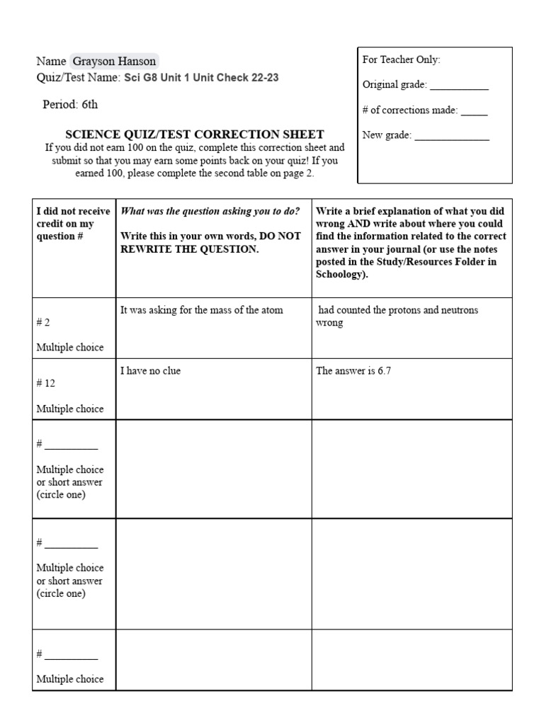 GRAYSON HANSON - QuizTest Corrections - 14223700 | PDF