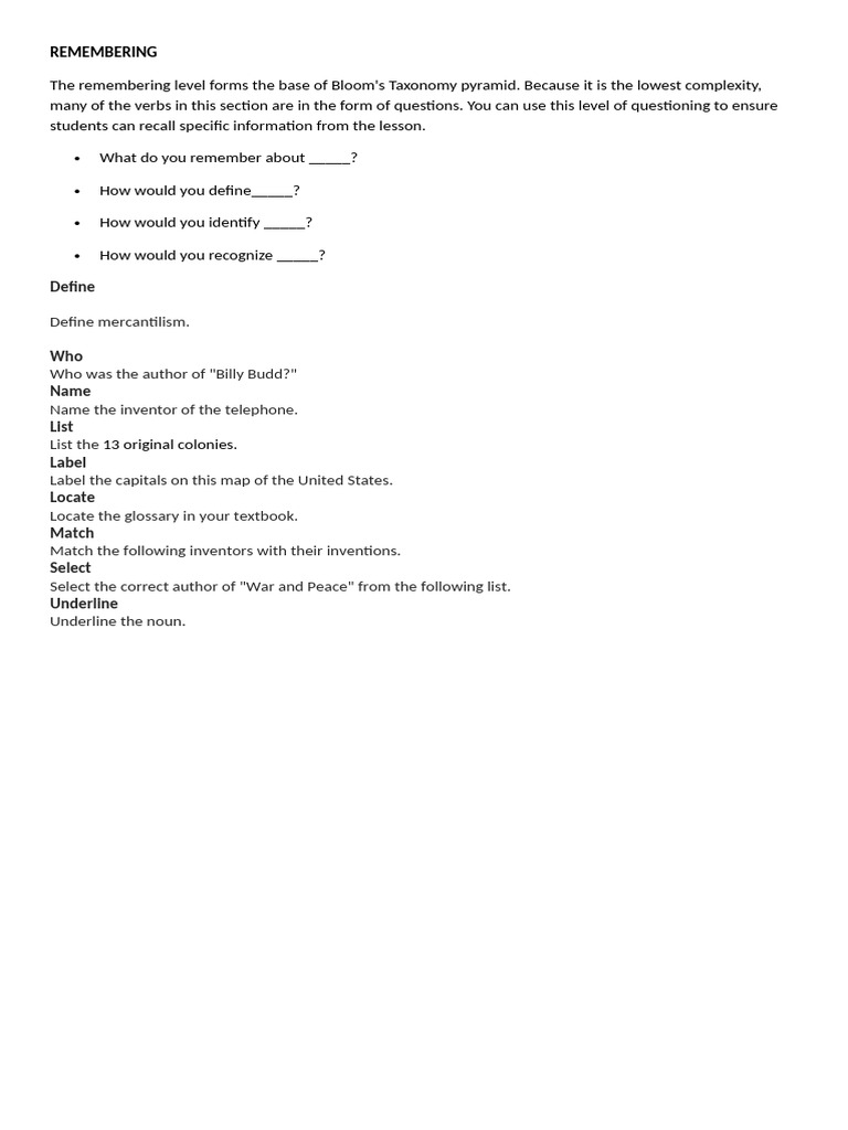 Blooms Taxonomy Sample Questions (1) | PDF