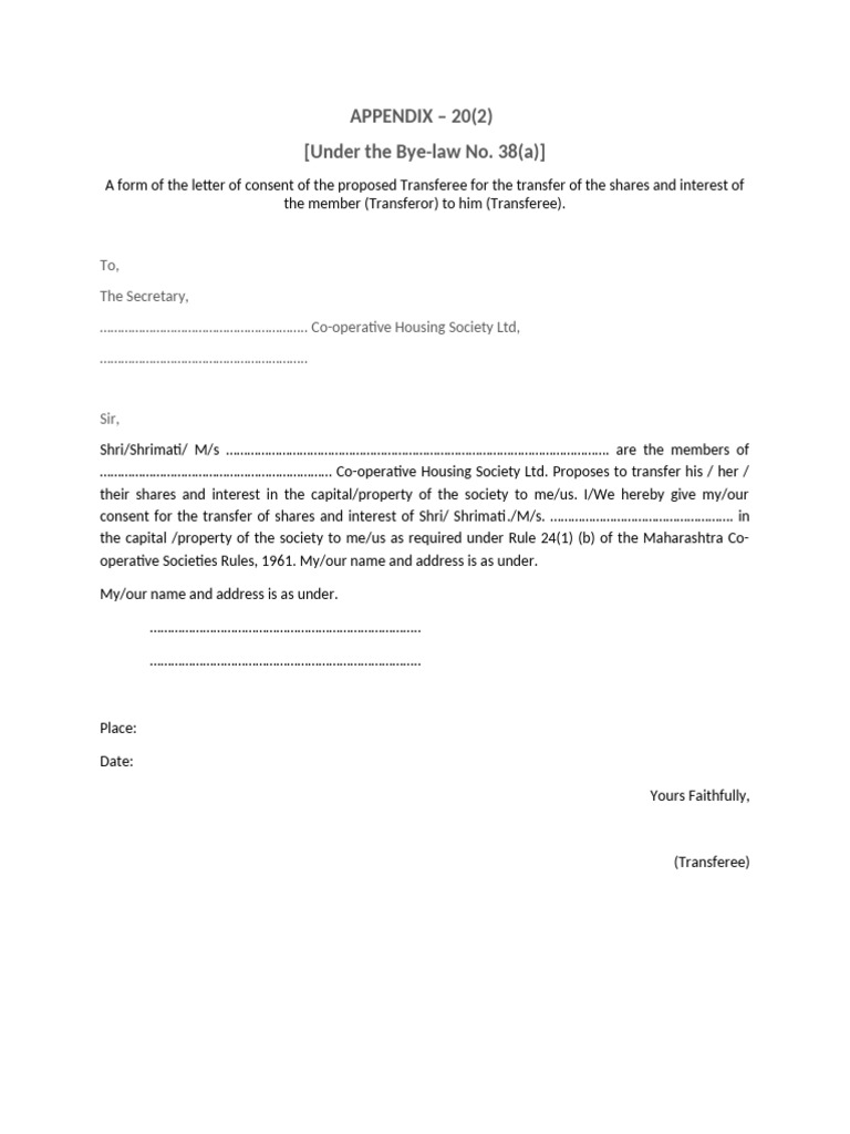 A form of the letter of consent of the proposed Transferee for the ...