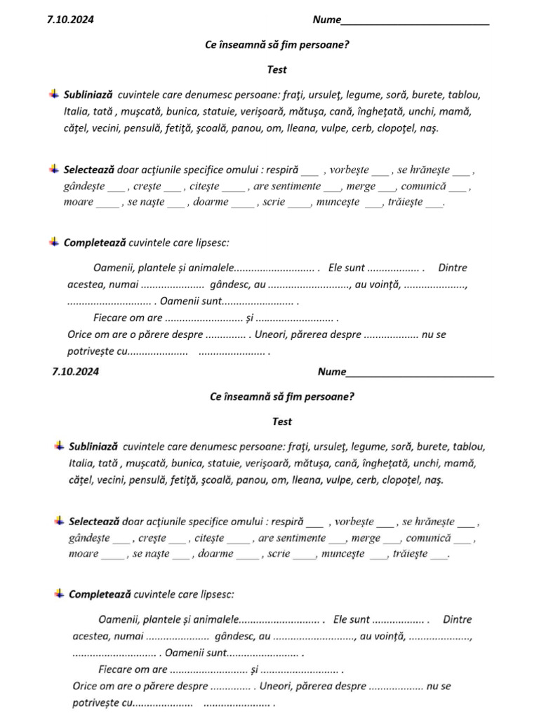 Educatie Civica - Test - Ce Inseamna Sa Fim Persoane? | PDF