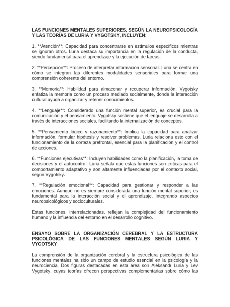 LAS FUNCIONES MENTALES SUPERIORES NEUROPSICOLOGIA CLINICA | PDF