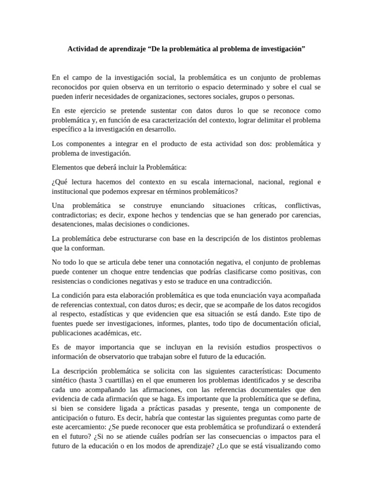 Actividad de Aprendizaje de La Problemática Al Problema de Investigación | PDF