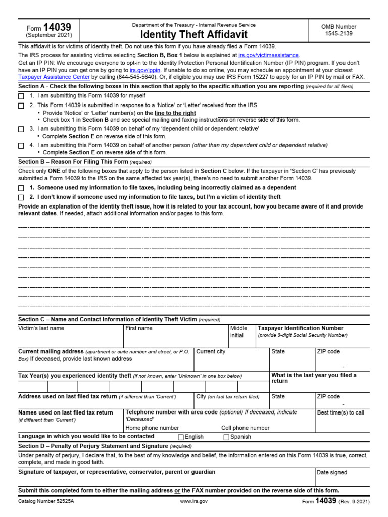 Identity Theft Affidavit: Irs - Gov/victimassistance Irs - Gov/ippin ...