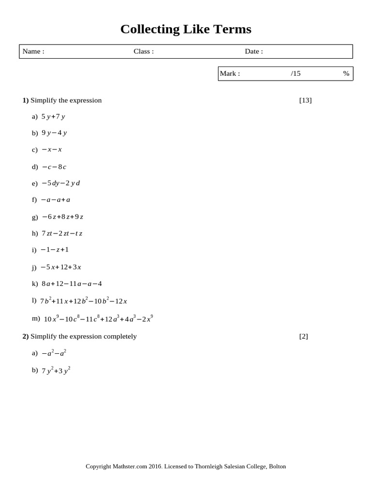 Collecting Like Terms - 2 | PDF