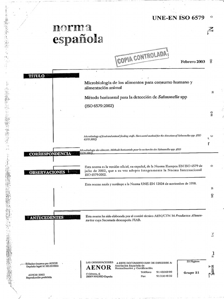 UNE-EN ISO 6579 (2003) Metodo para La Deteccion de Salmonella | PDF
