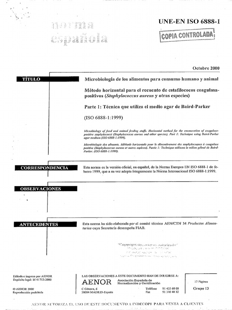 UNE-EN ISO 6888-1 (2000) Recuento de Staphilococci Aureus Medio Baird Parcker | PDF