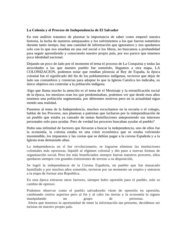 La Colonia y El Proceso de Independencia de El Salvador | PDF