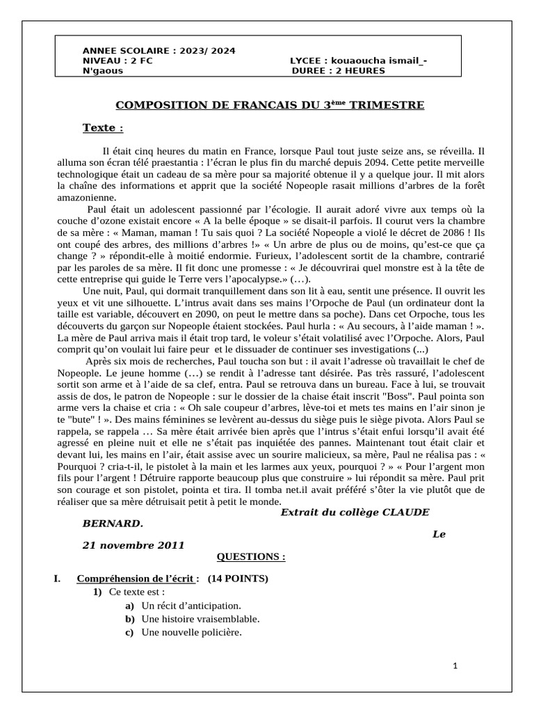 Composition de Francais 3ème Trimestre - 1653125499 | PDF