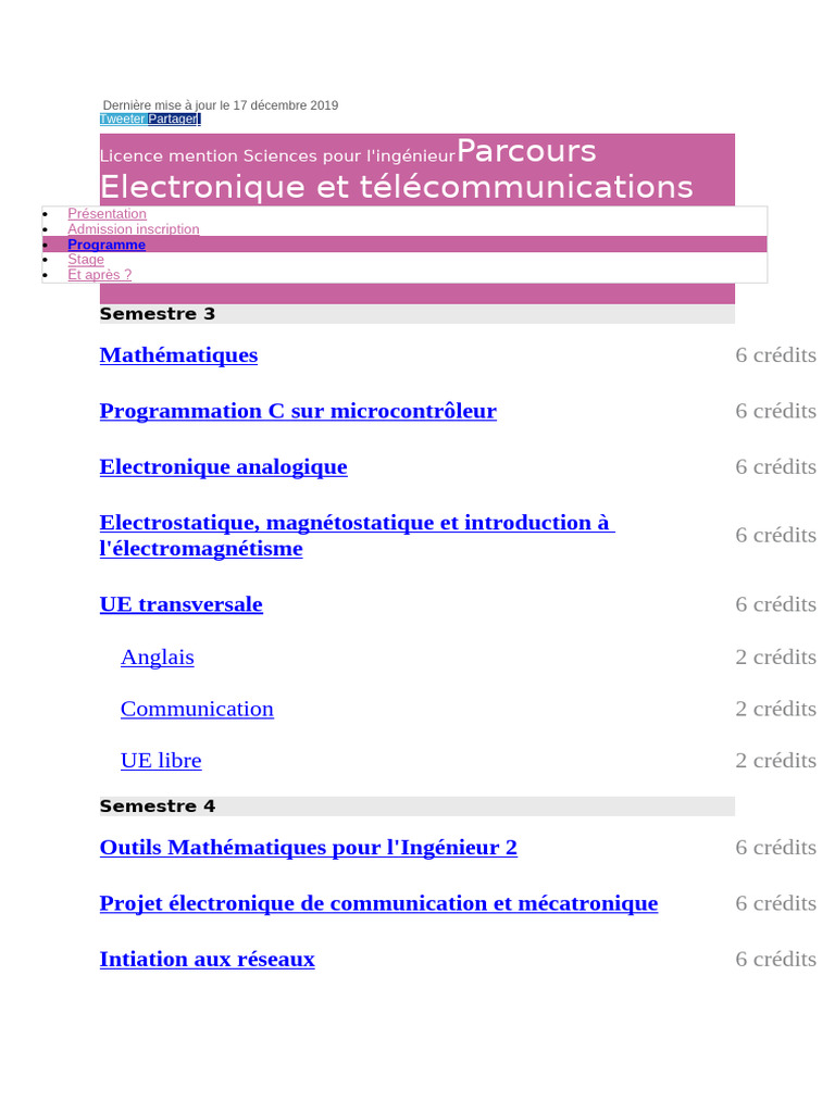 Brest Parcours Electronique Les UE | PDF